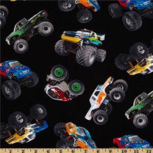 in motion monster trucks black, fabric by the yard