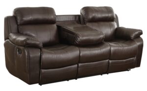 homelegance marille reclining sofa w/ center console cup holder, brown bonded leather