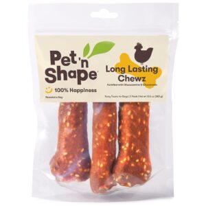 pet 'n shape long lasting chewz dog treats - chicken wrapped rawhide - 3 bones, 6-inch long