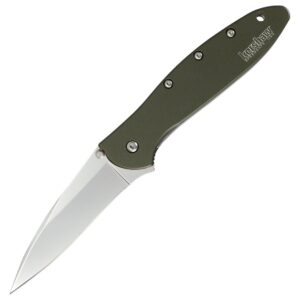 kershaw leek pocket knife, olive drab (1660ol) 3 bead-blasted sandvik 14c28n steel blade, olive drab anodized aluminum handle with speedsafe assisted opening, liner lock, tip-lock slider; 2.4 oz.