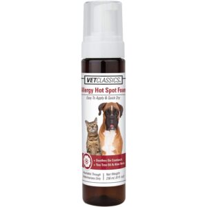 vet classics allergy hot spot foam for dogs and cats – pet spray for hot spots, itchy, irritated skin – includes aloe vera – quiet pet foam for sensitive skin, quick-drying – 8 oz.