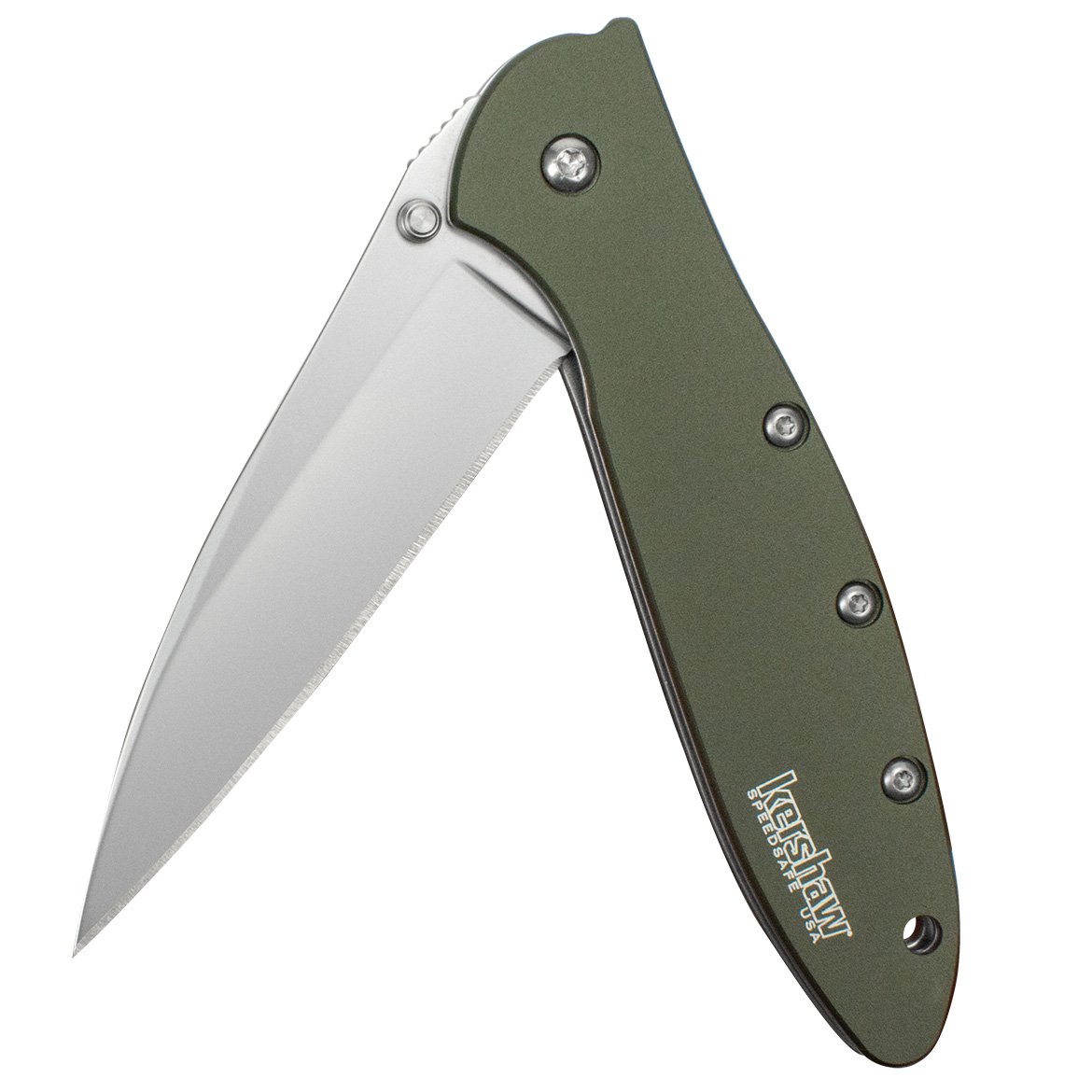 Kershaw Leek Pocket Knife, Olive Drab (1660OL) 3 Bead-Blasted Sandvik 14C28N Steel Blade, Olive Drab Anodized Aluminum Handle with SpeedSafe Assisted Opening, Liner Lock, Tip-Lock Slider; 2.4 OZ.