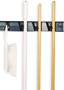 carlisle foodservice products roll 'n grip plastic broom holder wall mount, bathroom organizer, kitchen organizer with quick release for kitchen, restaurant, home, 1.75 inches, black, (pack of 12)