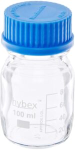 benchmark scientific hybex b3000-100 borosilicate glass graduated media storage bottle with polypropylene blue cap, 100ml capacity (pack of 10)