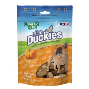 emerald pet little duckies duck dog treats — crunchy and tasty natural dog treats made with protein-rich roasted duck meat — healthy, grain free dog treats made in the usa — pumpkin, 5 oz