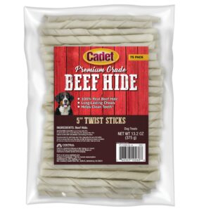 cadet premium grade beef hide for dogs, long lasting rawhide twist chew sticks, natural dog chews, 5 inch dog bones (75 count)