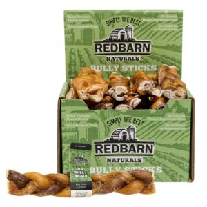 redbarn 7" braided bully sticks for dogs. natural, grain-free, highly palatable, long-lasting dental chews sourced from free-range, grass-fed cattle (25 sticks)