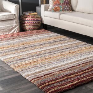 nuloom drey striped shag area rug - 9x12 shag area rug casual red multi/multicolor rugs for living room bedroom dining room nursery