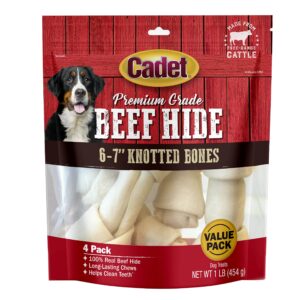 cadet premium grade beef hide for dogs, long lasting rawhide knotted bones single ingredient dog chews, 6"-7" dog bones, 4 pack