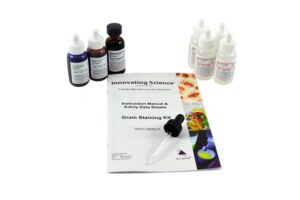 gram stain kit, 7 dropper bottles - crystal violet (30ml), safranin o 1.0% (30ml), potassium iodide 1.85% (30ml), 95% denatured ethyl alcohol (4x25ml) - includes instructions - innovating science