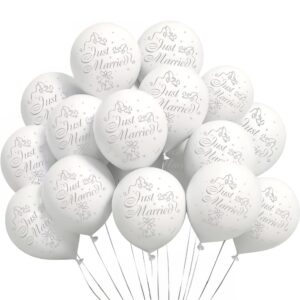 just married printed white latex celebration balloons - 12" (pack of 15) - elegant & durable decorations for wedding reception & bridal events