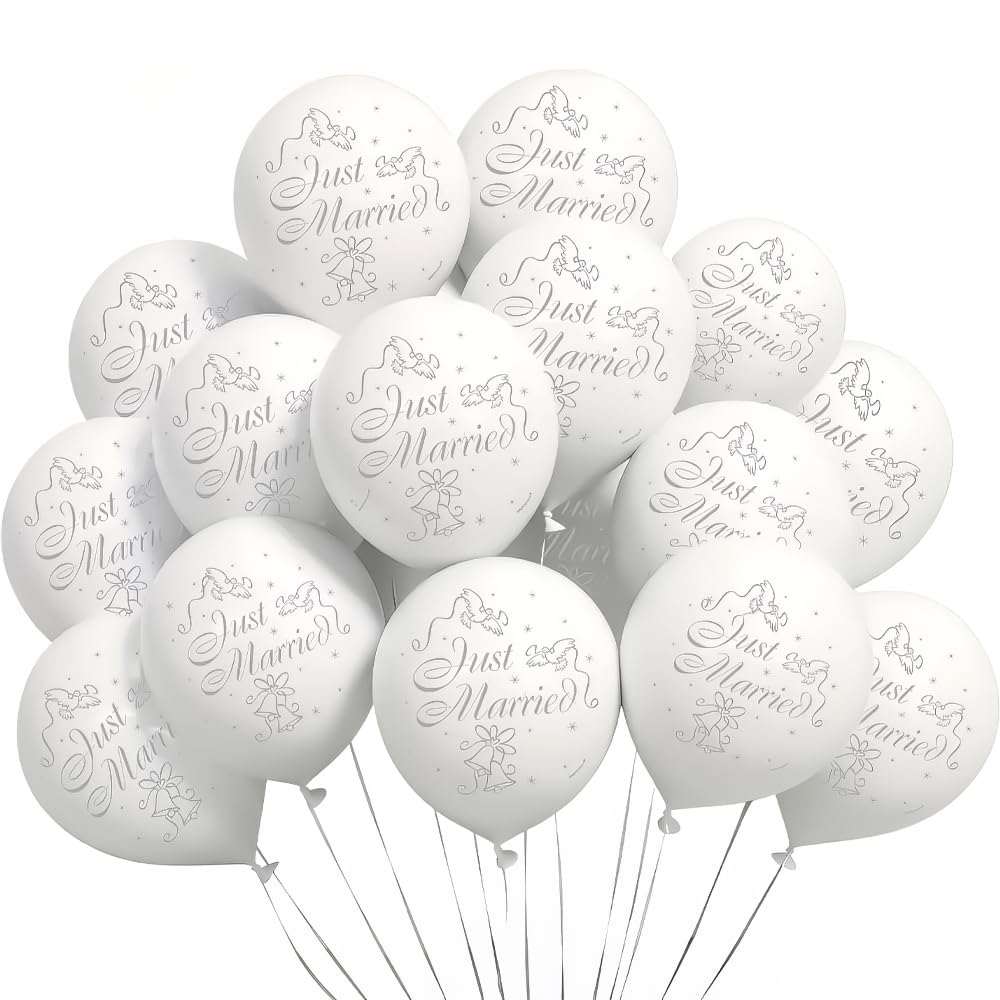 Just Married Printed White Latex Celebration Balloons - 12" (Pack Of 15) - Elegant & Durable Decorations For Wedding Reception & Bridal Events