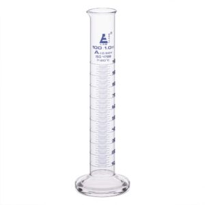 eisco graduated cylinder, 100ml - class a tolerance ±0.50ml - round base - blue graduations - borosilicate 3.3 glass