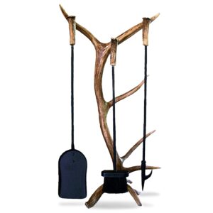 mountain mike's - antler fireplace tool set - decor inspired by the great outdoors - durable replicated deer and elk antlers - includes shovel, brush, and poker