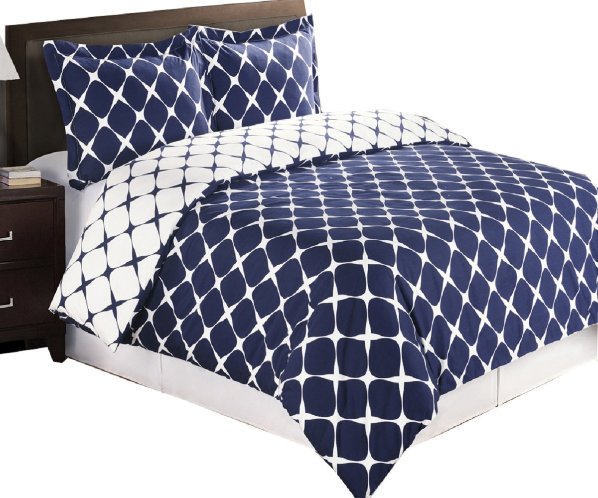 Royal Tradition Bloomingdale 300-Thread-Count 100-Percent Cotton King-California King Duvet Cover Set, Navy and White