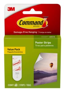 command poster strips, damage free hanging poster hangers, no tools wall hanging strips for posters, 60 white command adhesive strips