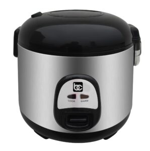 bene casa 7 cup stainless-steel thermo rice cooker, stainless steel and black design, cool touch rice cooker, simple operation, dishwasher safe.