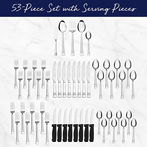 Pfaltzgraff Sapphire Bay 53-Piece Stainless Steel Flatware Set with Serving Utensil Set and Steak Knives, Service for 8