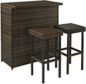 crosley furniture palm harbor 3-piece wicker outdoor bar set with two stools for backyard, patio, deck, balcony, brown