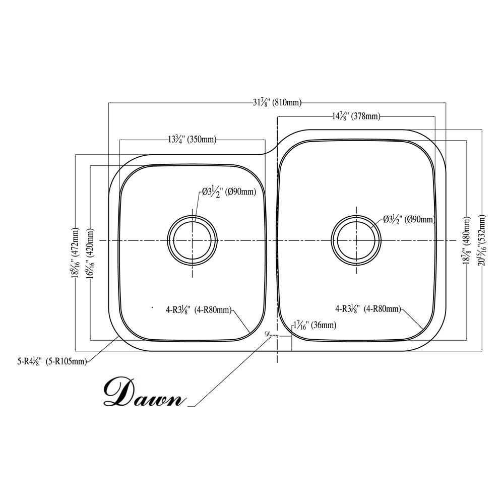 Dawn ASU108L Undermount Double Bowl Sink, Polished Satin