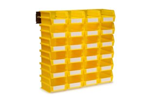 triton products 3-210yws locbin 26 piece wall storage unit with 5-3/8 inch l x 4-1/8 inch w x 3 inch h yellow interlocking poly bins, 24 ct, wall mount rails 8-3/4 inch. l with hardware, 2 pk