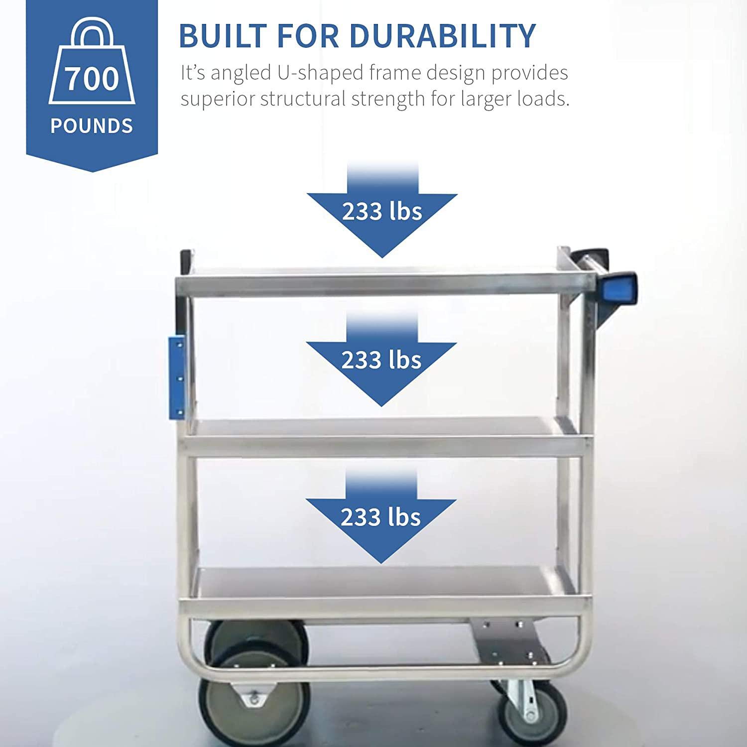 Lakeside Manufacturing 722 Utility Cart, Stainless Steel, 3 Shelves, 700 lb. Capacity (Fully Assembled)