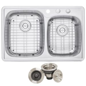 cozyblock 33 x 22 x 9 inch 60/40 offset top-mount/drop-in stainless steel double bowl kitchen sink with strainer and protective bottom grid - 18 gauge stainless steel-3 faucet hole