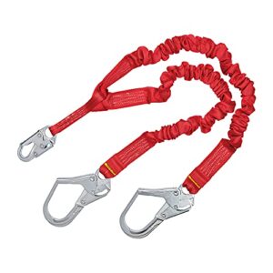 3m protecta pro 1340161 6', 100-percent elastic shock absorbing lanyard, snap hook at center, steel rebar hooks on leg ends, 310 lb. capacity, red