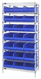 quantum wr8-425bl bin wire shelving system, 36'w x 12'd x 74'h, carbon steel, chrome with blue bins