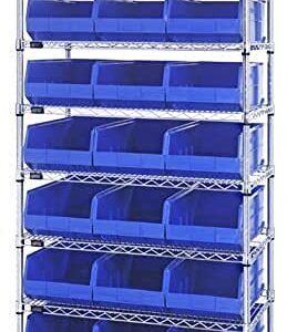 Quantum WR8-425BL Bin Wire Shelving System, 36'W x 12'D x 74'H, Carbon Steel, Chrome with Blue Bins