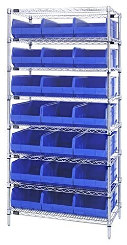 Quantum WR8-425BL Bin Wire Shelving System, 36'W x 12'D x 74'H, Carbon Steel, Chrome with Blue Bins