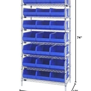 Quantum WR8-425BL Bin Wire Shelving System, 36'W x 12'D x 74'H, Carbon Steel, Chrome with Blue Bins