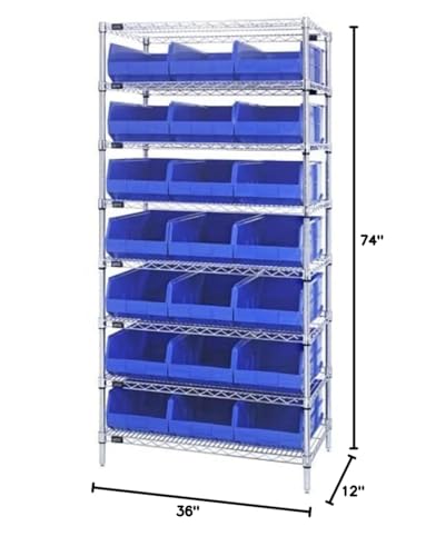 Quantum WR8-425BL Bin Wire Shelving System, 36'W x 12'D x 74'H, Carbon Steel, Chrome with Blue Bins