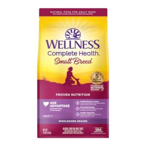 wellness complete health small breed dry dog food with grains, natural ingredients, made in usa with real turkey, for dogs up to 25 lbs. (senior, turkey & peas, 4-pound bag)