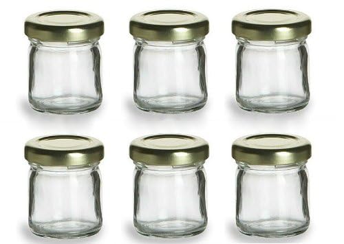 Nakpunar 6 pcs, 1.5 oz Mini Glass Jars with Gold Lids - MADE IN USA - for Jam, Honey, Wedding Favors, Shower Favors