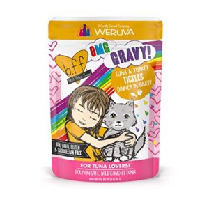 weruva b.f.f. omg - best feline friend oh my gravy!, tuna & turkey tickles with tuna & turkey in gravy cat food, 3oz pouch (pack of 12)