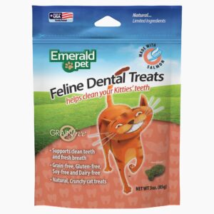 feline dental treats — tasty and crunchy cat dental treats grain free — natural dental treats to clean cat teeth, freshen cat breath, and reduce plaque and tartar buildup — salmon treats, 3 oz