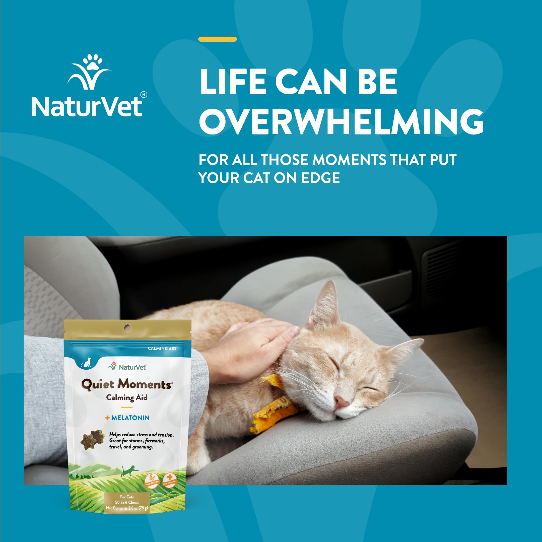 NaturVet Quiet Moments Calming Aid Cat Supplement Plus Melatonin – Helps Reduce Stress in Cats – for Pet Storm Anxiety, Motion Sickness, Grooming, Separation, Travel – 50 Ct. Soft Chews