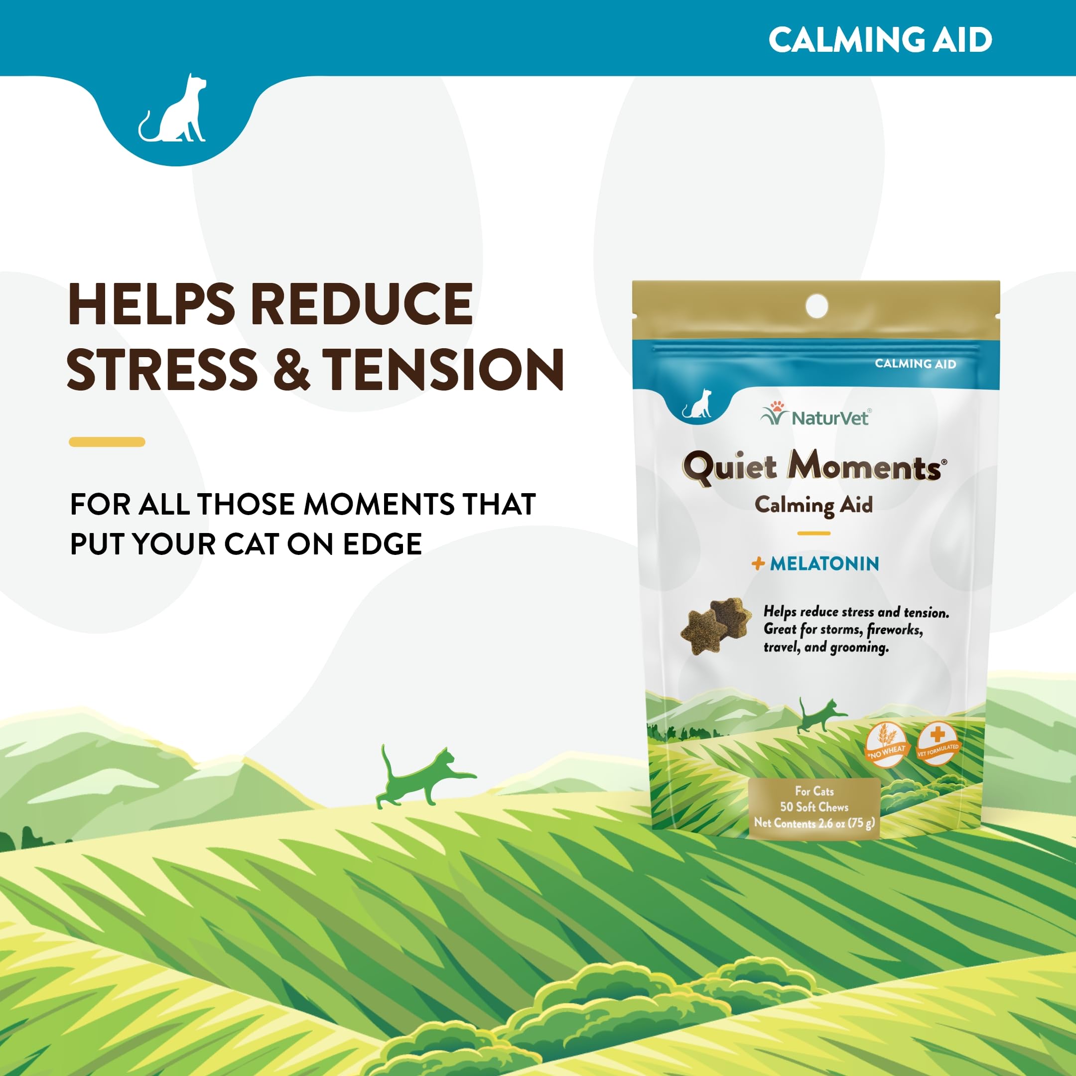 NaturVet Quiet Moments Calming Aid Cat Supplement Plus Melatonin – Helps Reduce Stress in Cats – for Pet Storm Anxiety, Motion Sickness, Grooming, Separation, Travel – 50 Ct. Soft Chews