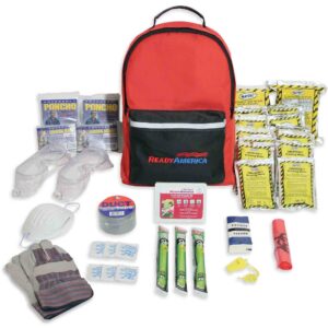 ready america tornado emergency kit 2-person, 3-day backpack, includes emergency food, water, first aid kit, survival blanket, safety goggles, portable disaster preparedness go-bag