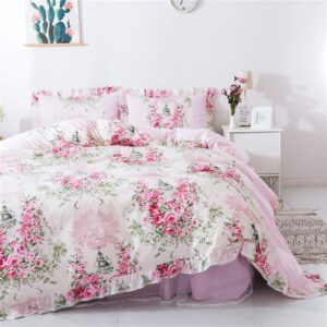 fadfay floral bedskirt set lace bedding pink duvet cover set rose printed 100% cotton queen house bedding sets for girls women (4-piece, queen, pink)