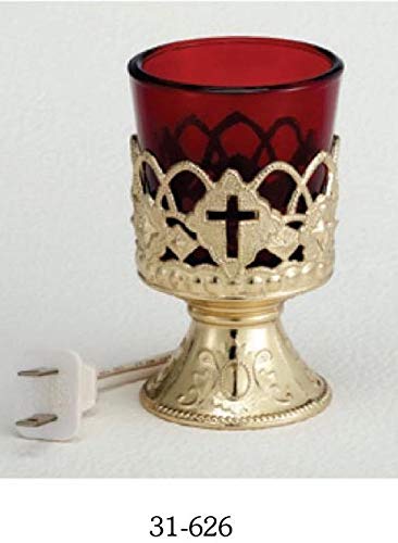 Electric Votive Stand - 4 Inch Gold Plated Metal with Ruby Glass - Boxed