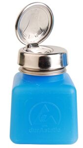 menda 35282 one touch stainless steel liquid dispenser pump, esd safe durastatic square bottle, 4 oz, high density polyethylene/stainless steel, blue