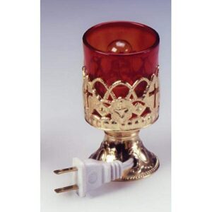 Electric Votive Stand - 4 Inch Gold Plated Metal with Ruby Glass - Boxed