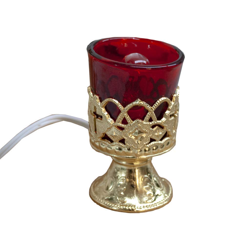 Electric Votive Stand - 4 Inch Gold Plated Metal with Ruby Glass - Boxed