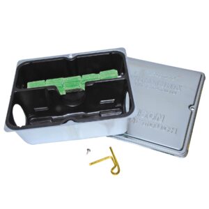 jt eaton strongbox™ galvanized steel tamper-resistant bait station, black powder coating, rat-size, dual entrances