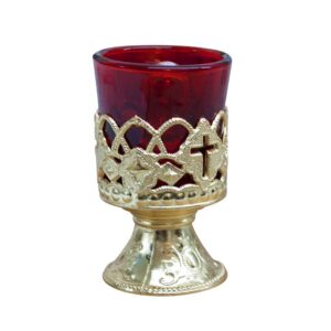 Electric Votive Stand - 4 Inch Gold Plated Metal with Ruby Glass - Boxed