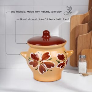 Clay Cooking Pot with Lid Handmade Beige Hand-Painted Clay Stoneware Baking Pot with Lid (0.7-Qt) Ceramic Cookware