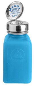 menda 35285 pure touch stainless steel liquid dispenser pump, esd safe durastatic square bottle, 6 oz, high density polyethylene/stainless steel, blue