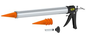 albion engineering company dl-59-t17 professional line special deluxe manual bulk caulking gun with metal nozzle, metal adapter & 3 orange cone nozzles, 30 oz